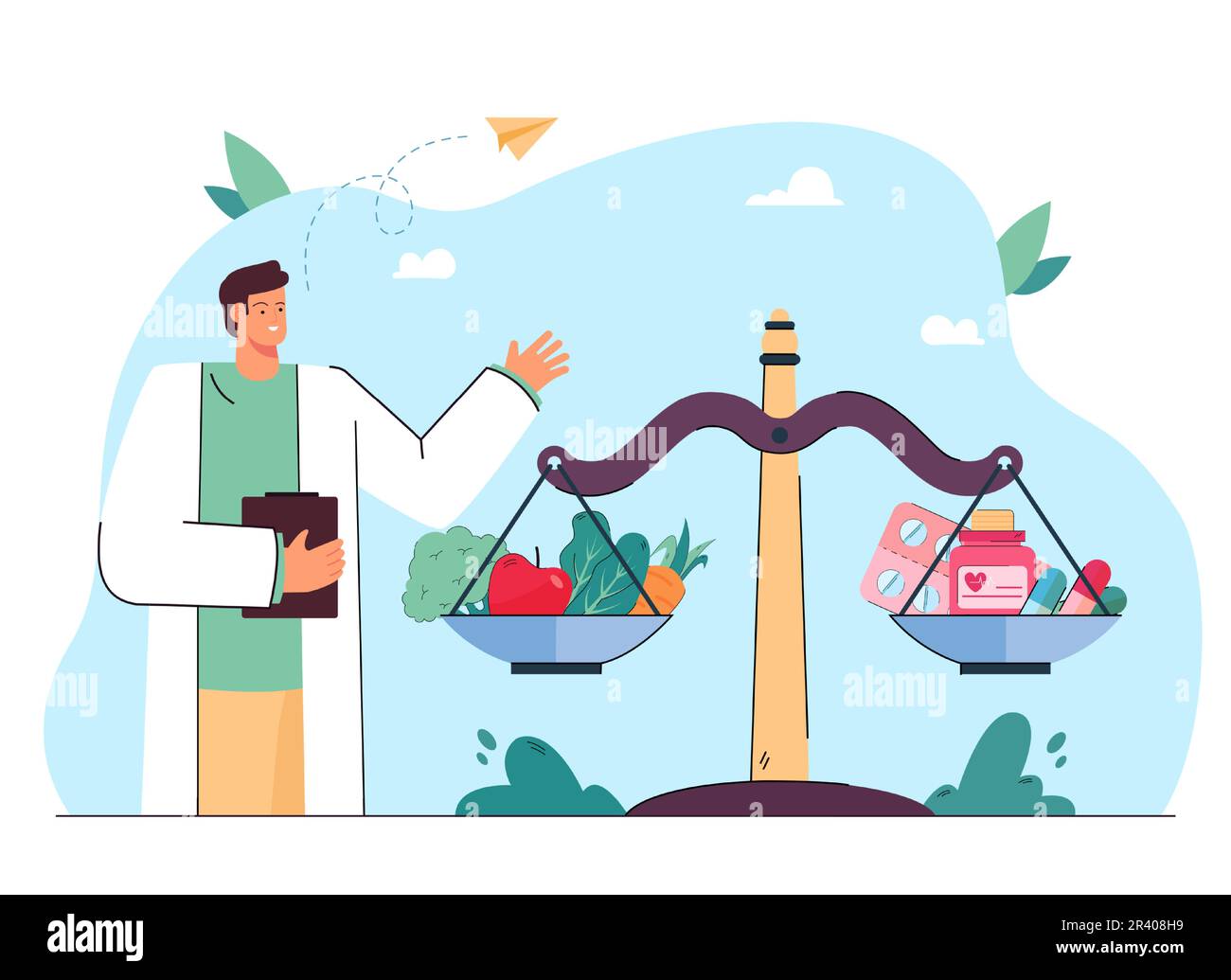 Doctor next to scales with pills and vegetables Stock Vector Image ...