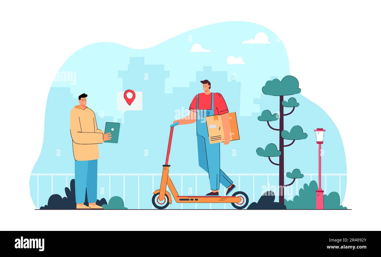 Courier on electric scooter delivering box to customer Stock Vector ...