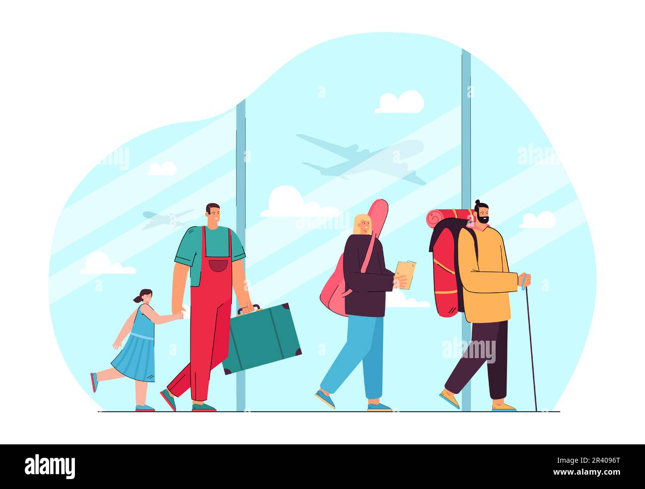 Queue of cartoon people with baggage in airport Stock Vector Image ...