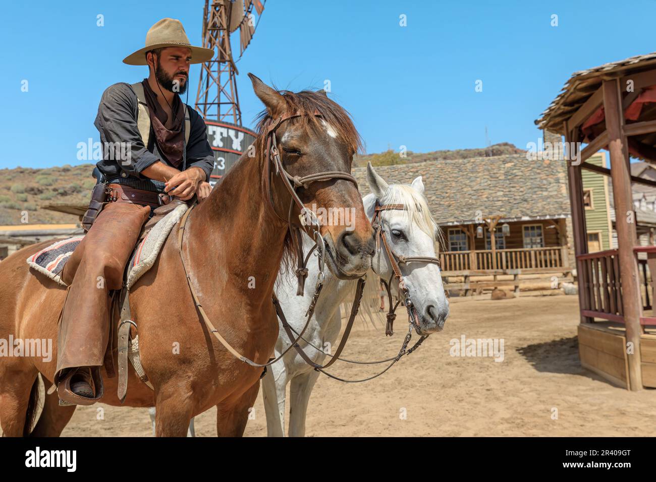 Gran Canaria - April 2023: Sioux City park offers the chance to interact with the park's cowboy ...