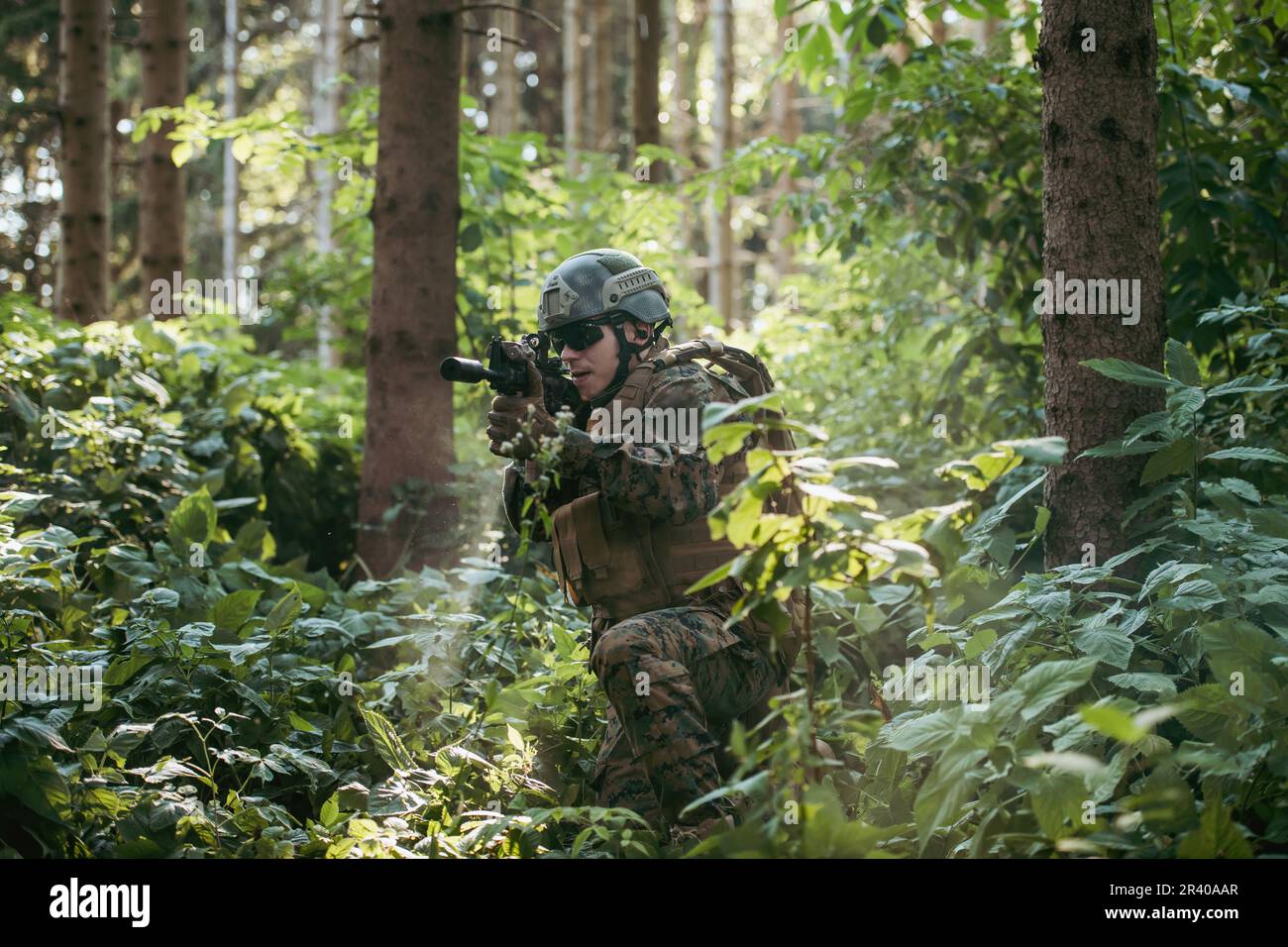 A modern warfare soldier on war duty in dense and dangerous forest areas. Dangerous military ...