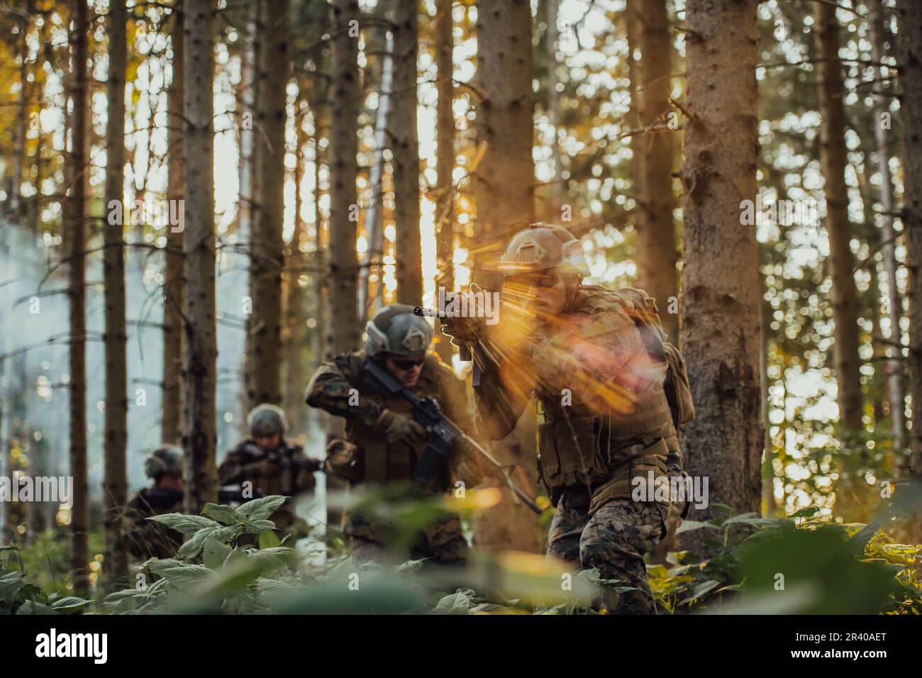 A group of modern warfare soldiers is fighting a war in dangerous ...