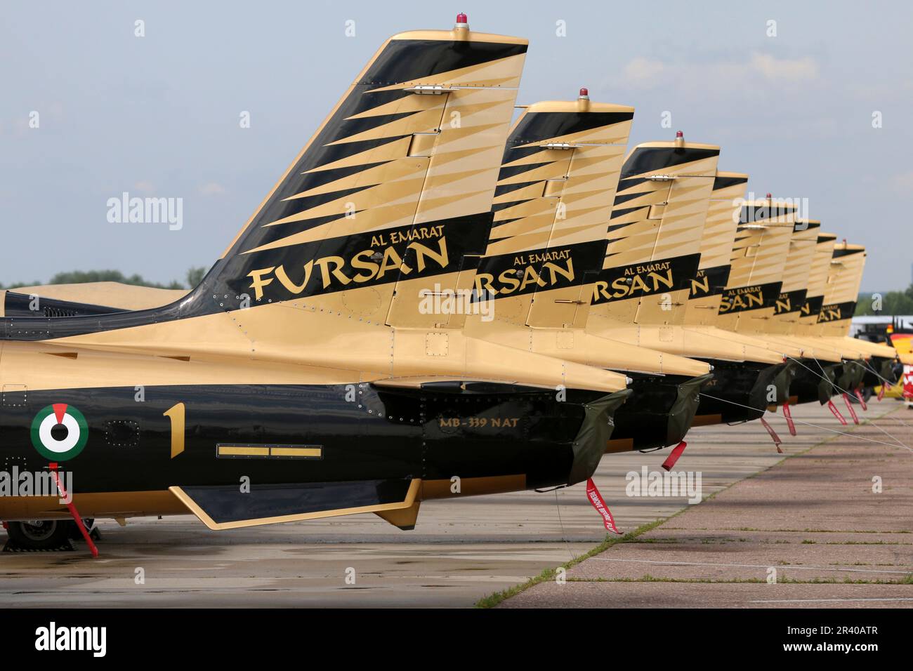 Line of MB-339NAT training aircrafts of the Al Fursan aerobatic team ...