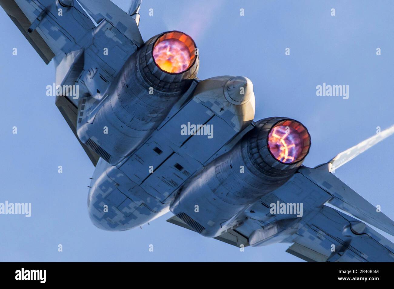Close-up of the jet engines in afterburner on a Su-57 (T-50) jet ...