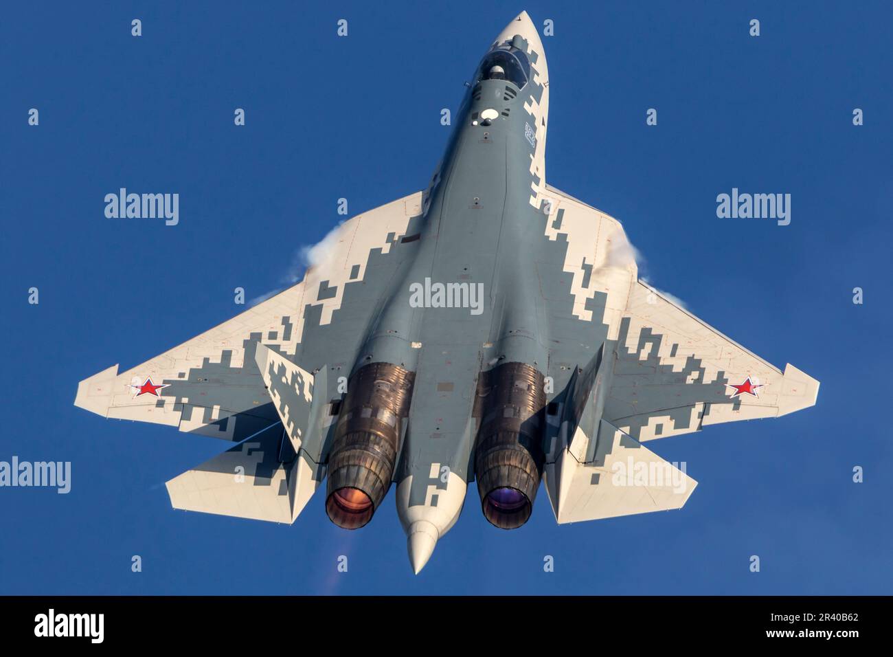 A Su-57 (T-50) jet fighter of the Russian Air Force performing a ...