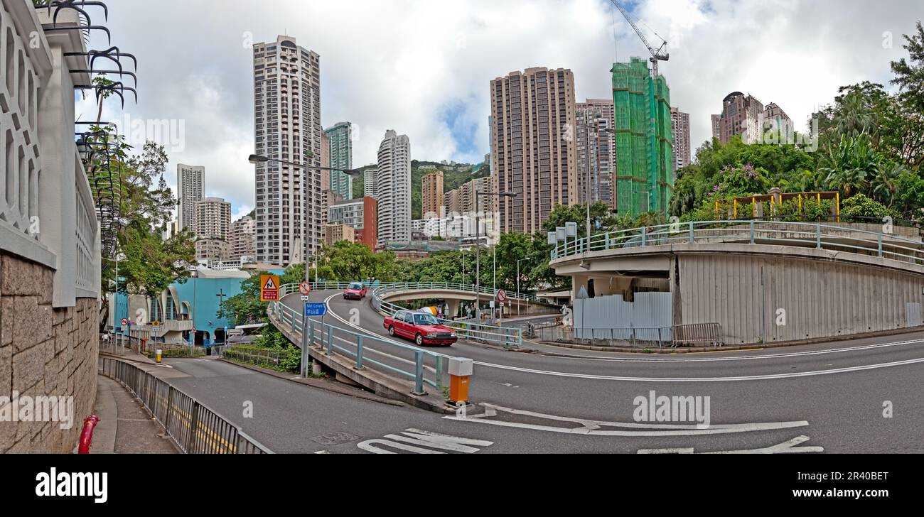 View of a street intersection without traffic in downtown Hong Kong ...