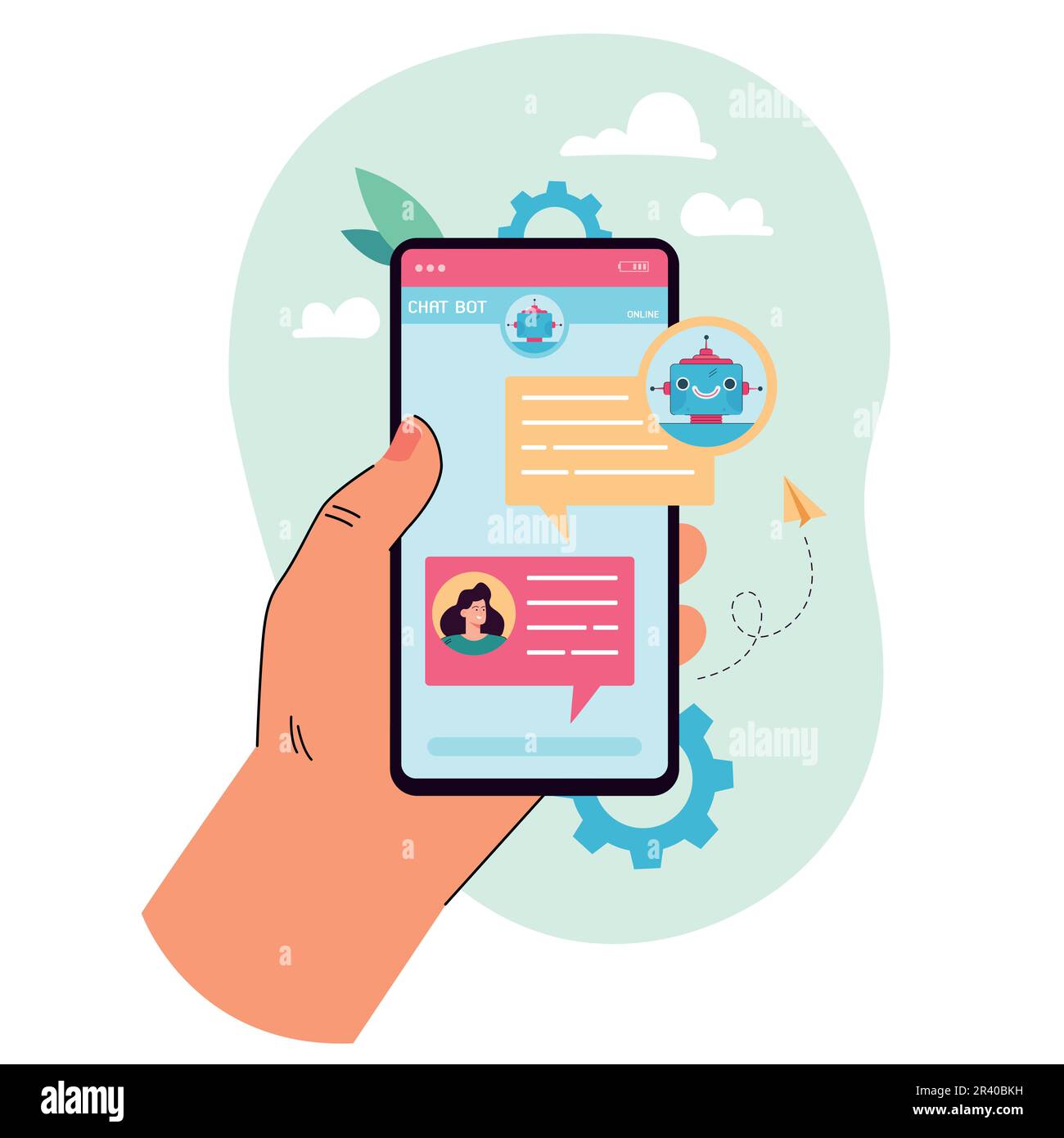 Hand holding mobile phone with chat bot on screen Stock Vector Image ...