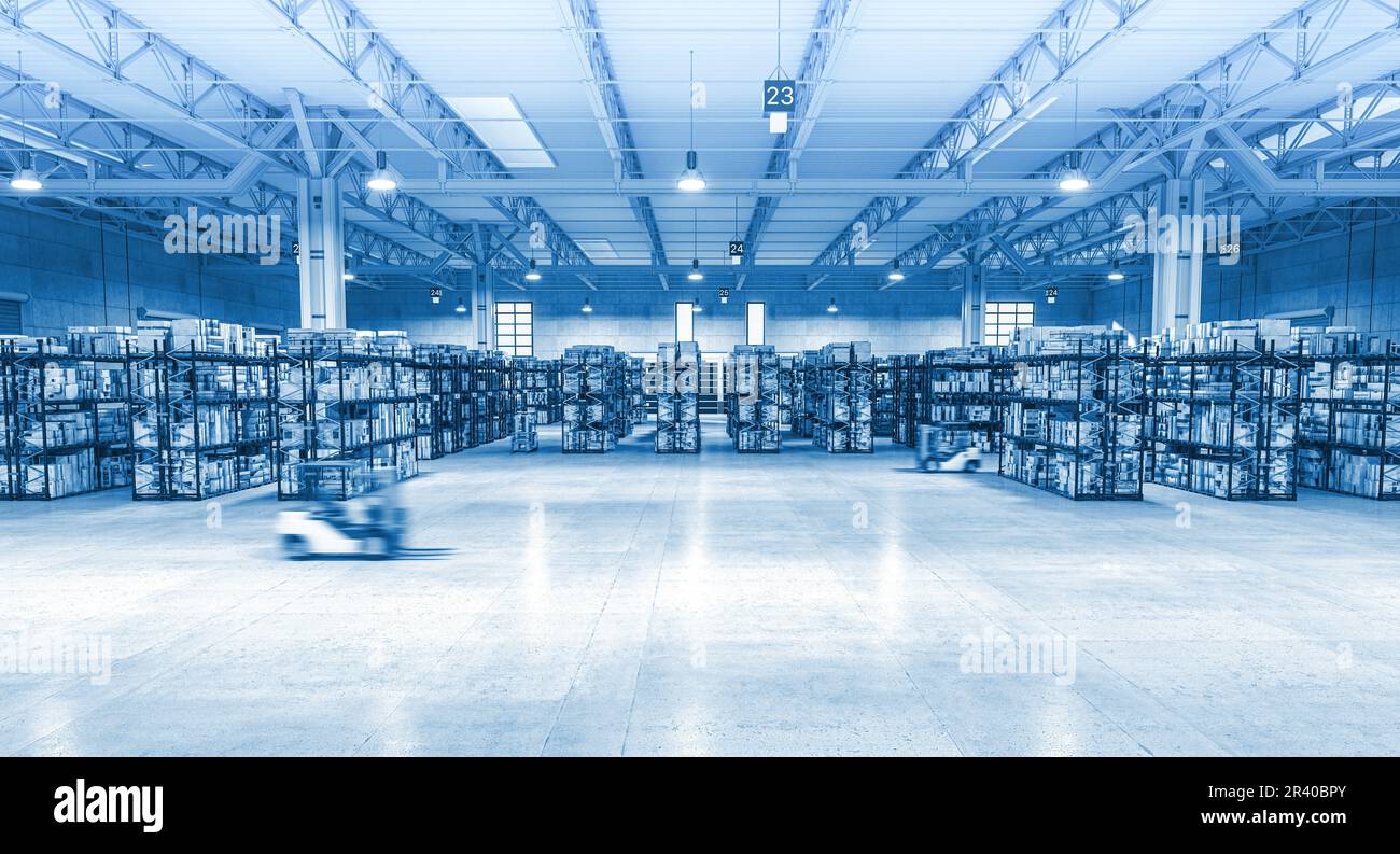 large warehouse with moving vehicle. 3d render Stock Photo - Alamy