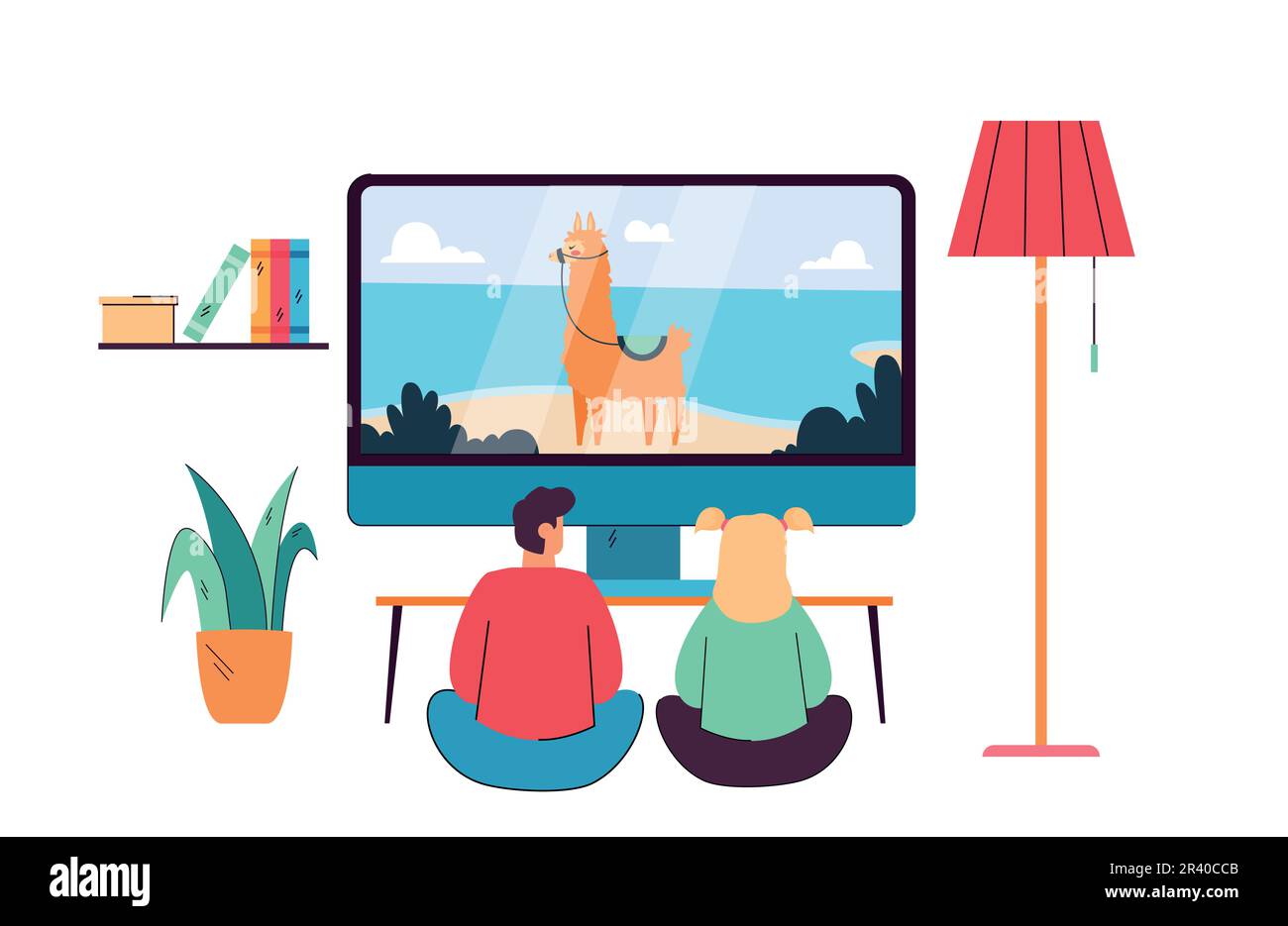 Back view of kids watching cartoon flat vector illustration Stock ...