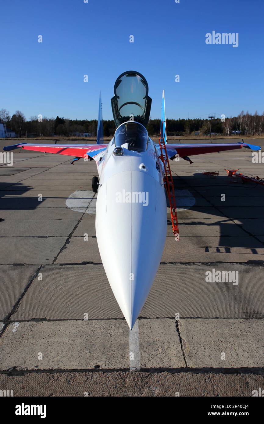 A Su-35S jet fighter of the Russian Knights aerobatics team of the ...
