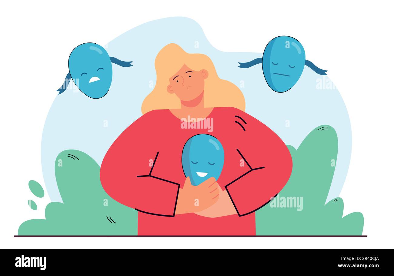 Sad girl holding mask with happy face flat vector illustration Stock ...