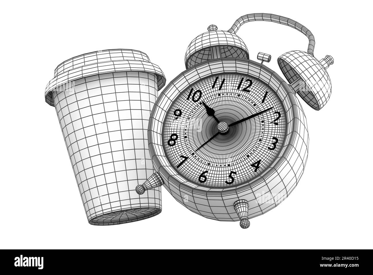 Vintage alarm clock with paper coffee cup on green background. 3d ...