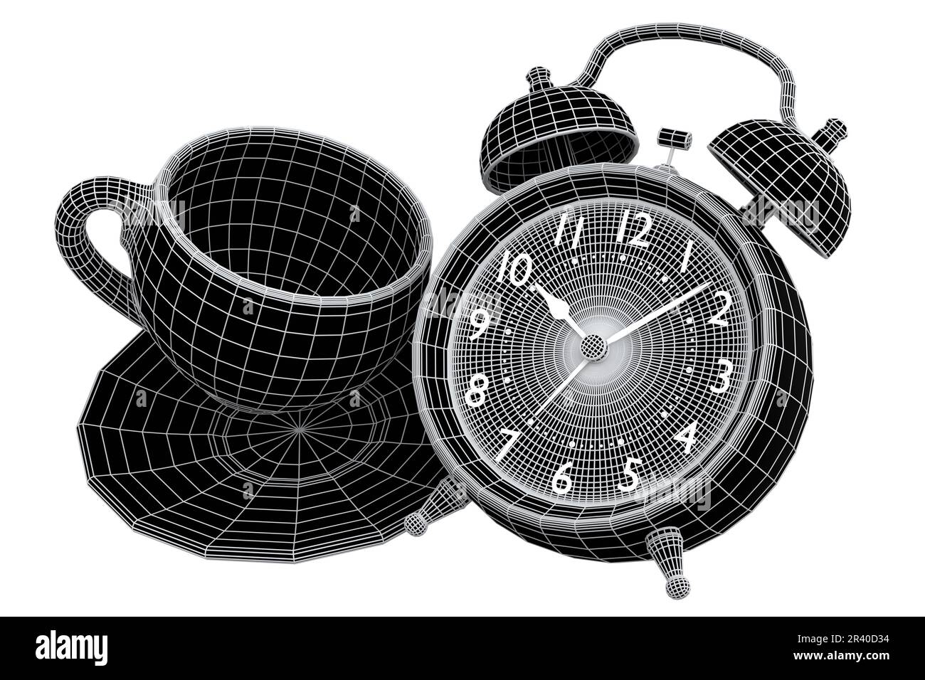 Vintage alarm clock with ceramic coffee cup on green background. 3d ...