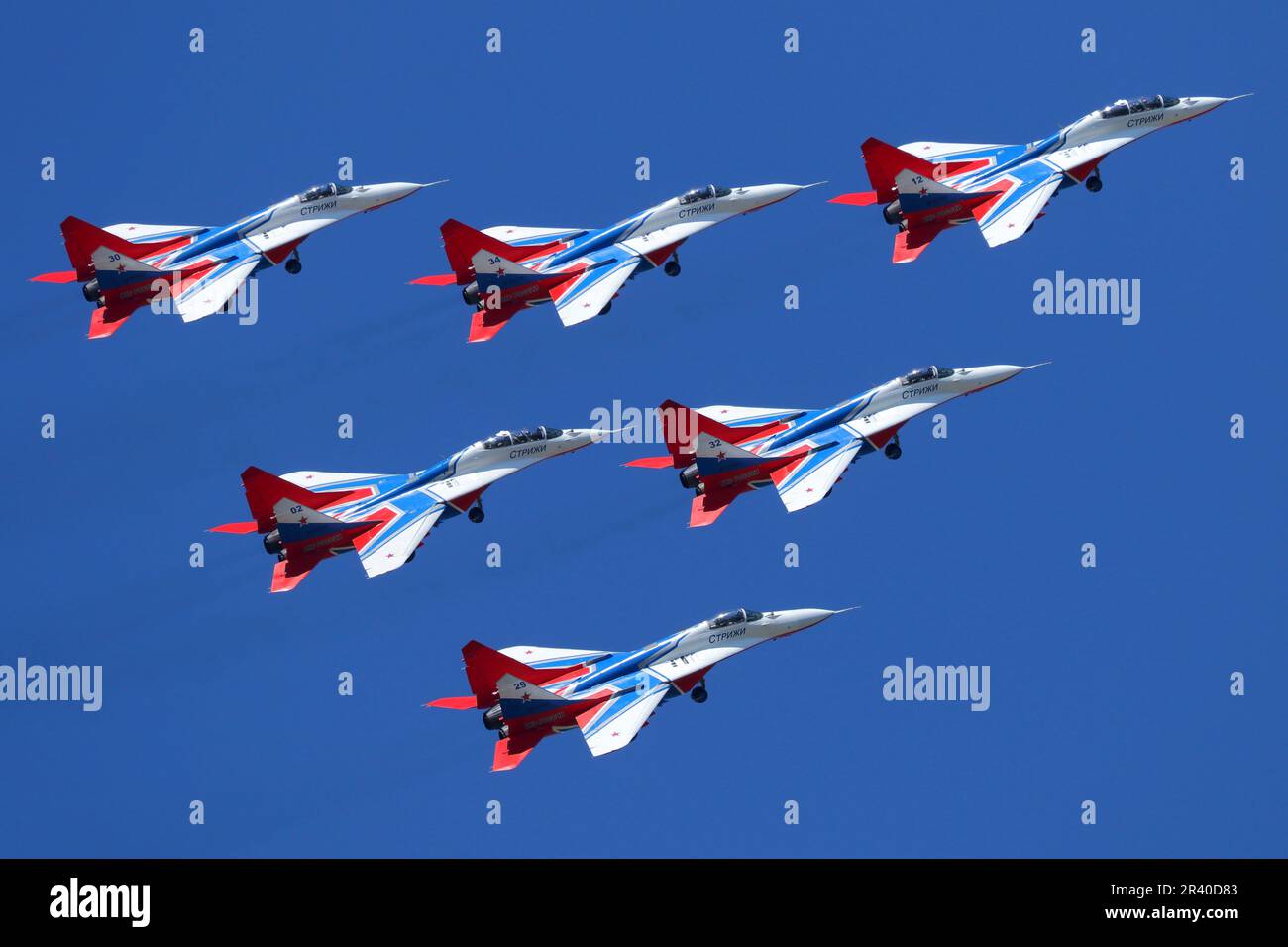 MiG-29 jet fighters of Strizhi (Swifts) aerobatics team of the Russian ...