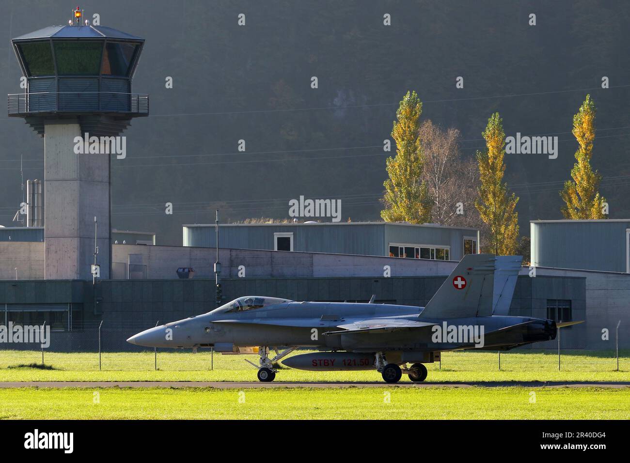 An F/A-18C Hornet jet fighter of the Swiss Air Force taxiing at an ...