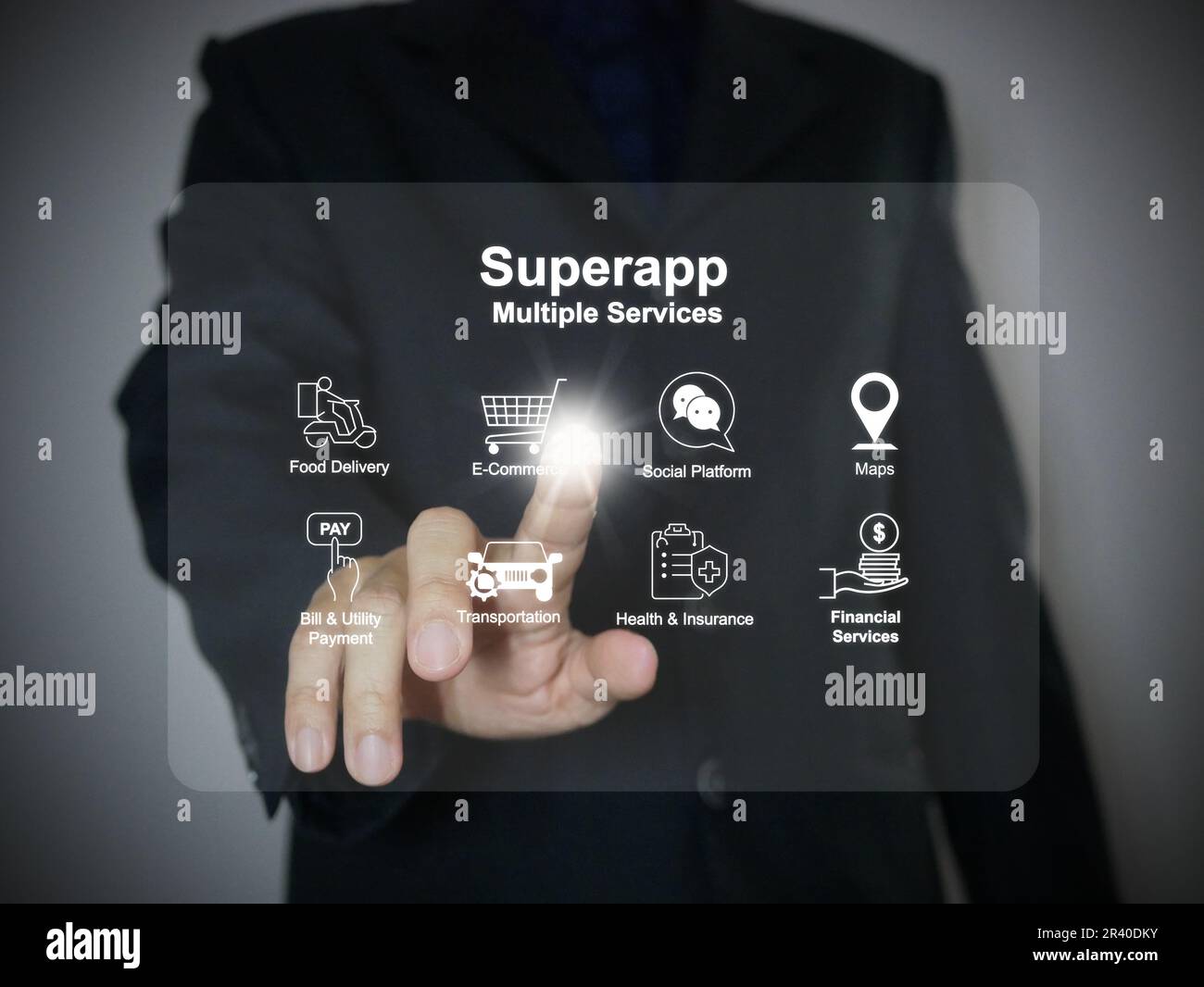 Finger activates a virtual screen of a super app that serves multiple ...