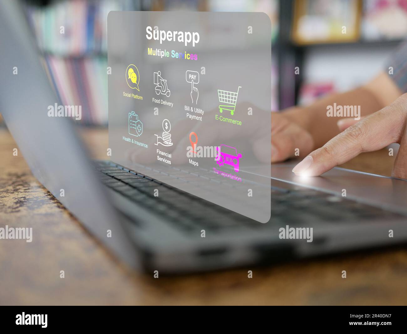 Finger activates a virtual screen of a super app on a computer notebook ...