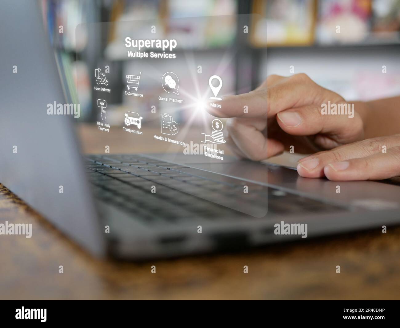 Finger activates a virtual screen of superapp on computer notebook or ...
