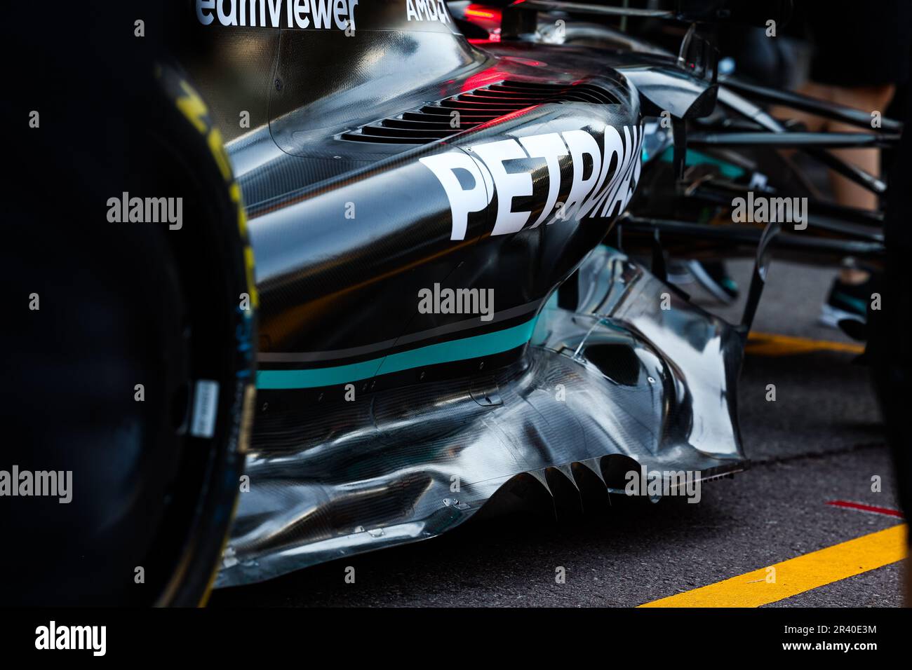 Mercedes AMG F1 Team W14, mechanical detail of the new side pods in the pitlane during the ...