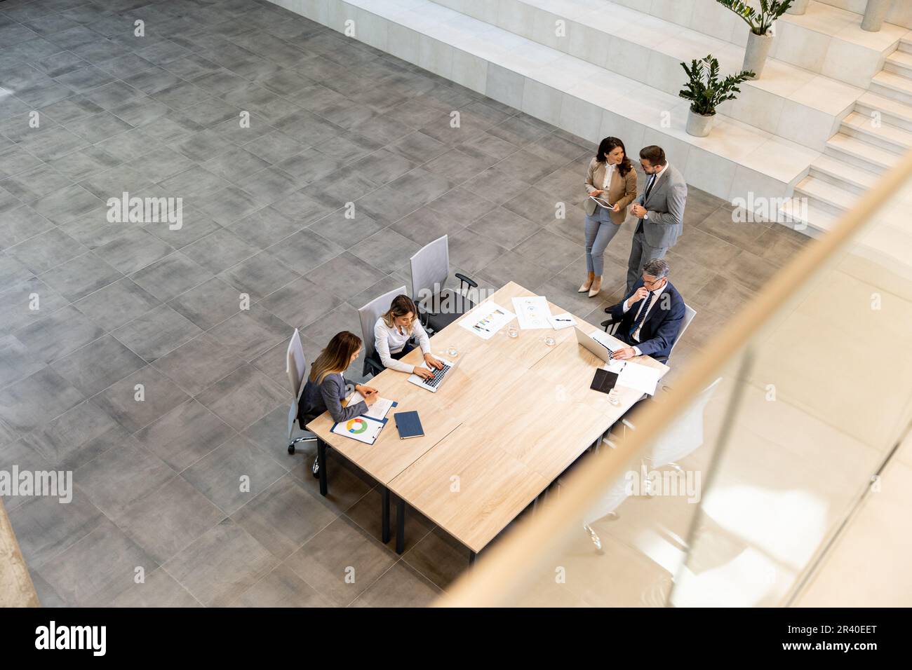 Aerial view at young startup team working in the modern office Stock ...