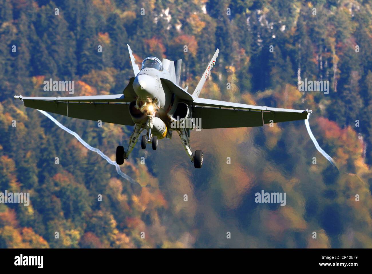An F/A-18C Hornet jet fighter of the Swiss Air Force landing, Axalp ...