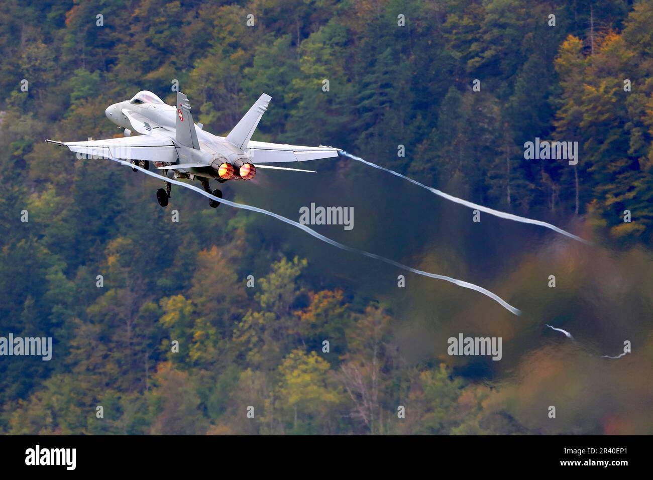 An F/A-18C Hornet jet fighter of the Swiss Air Force taking off ...
