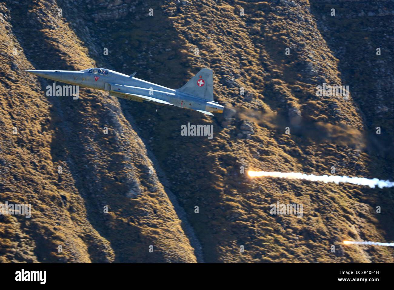 A F-5E Tiger II jet fighter of the Swiss Air Force releasing flares ...