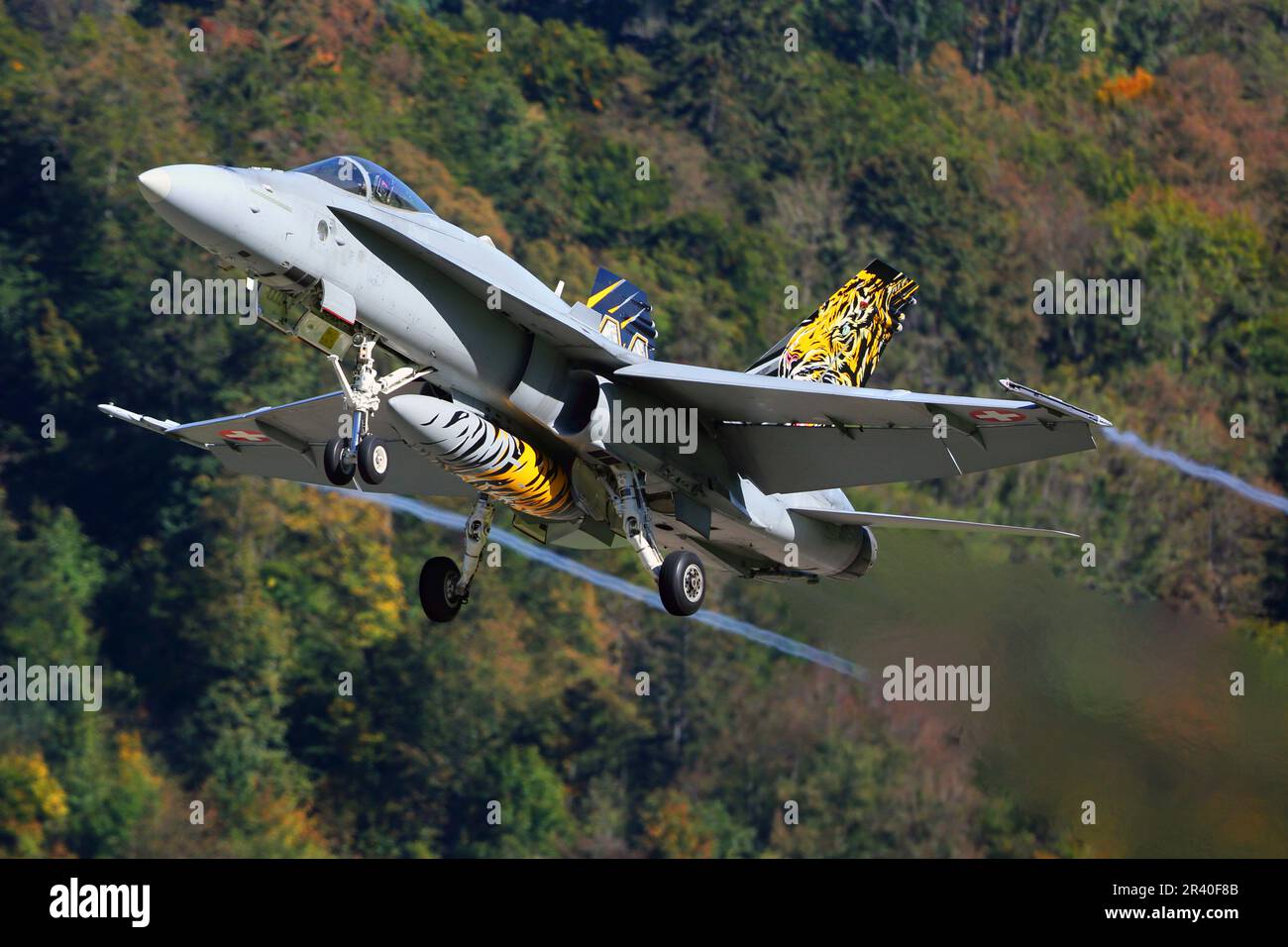 An F/A-18C Hornet jet fighter of the Swiss Air Force taking off ...