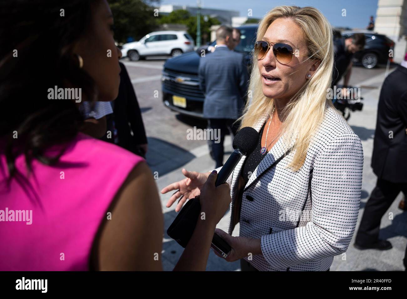 Rep. Marjorie Taylor Greene (R-Ga.) speaks with reporters outside the U ...