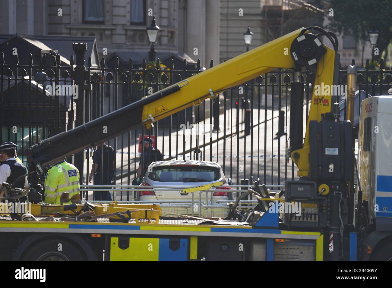A police recovery truck at the scene after a car collided with the ...