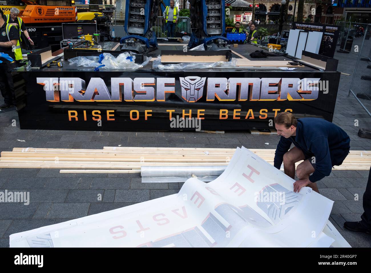 London, UK. 25 May 2023. Signage is installed in Leicester Square next ...