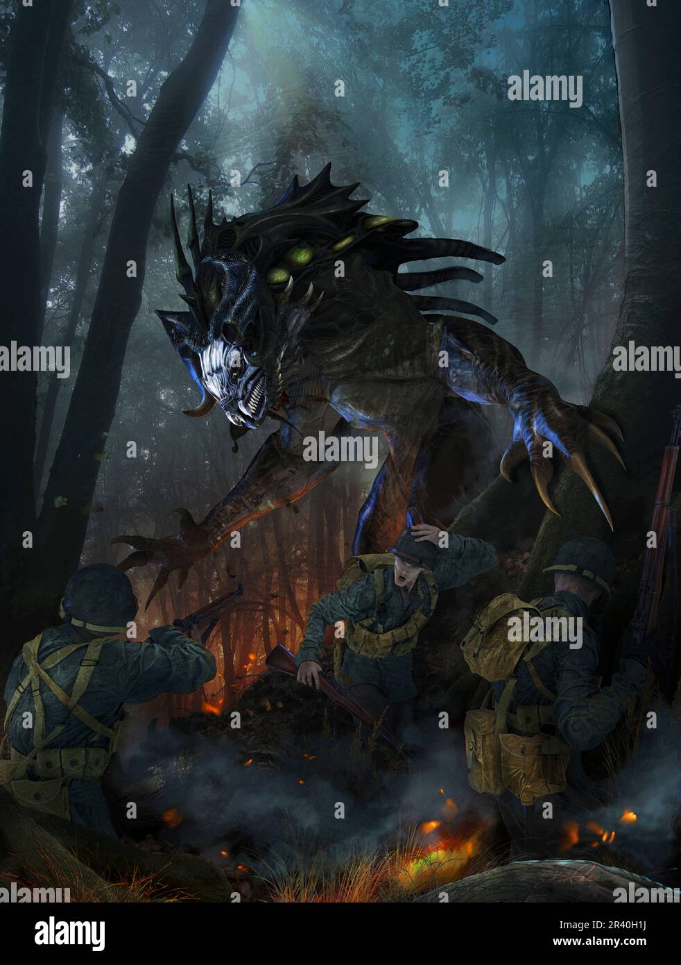 U.S. World War II soldiers lost in the woods with a creepy alien Stock ...