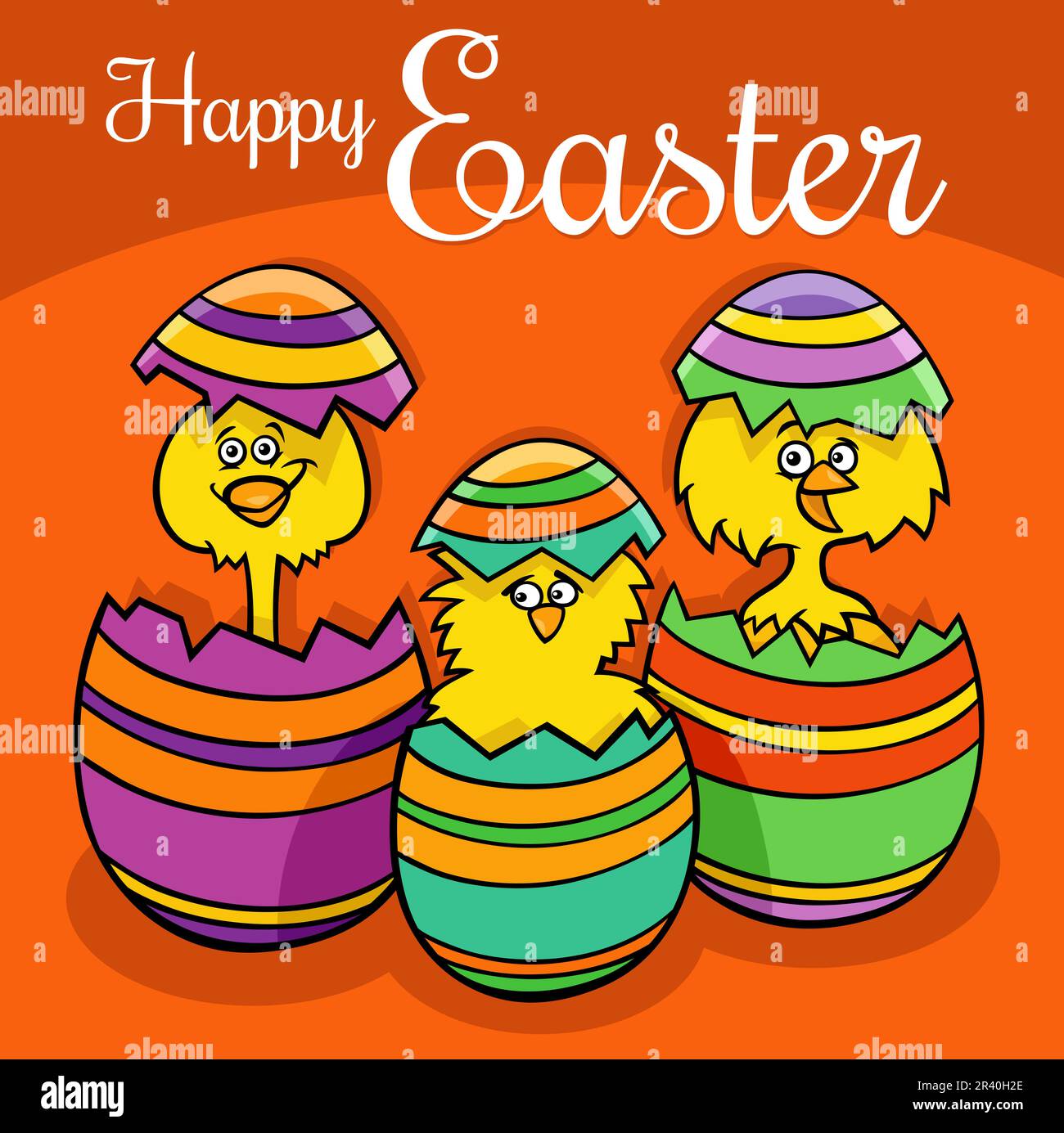 Cartoon Easter chicks hatching from eggs greeting card Stock Photo - Alamy