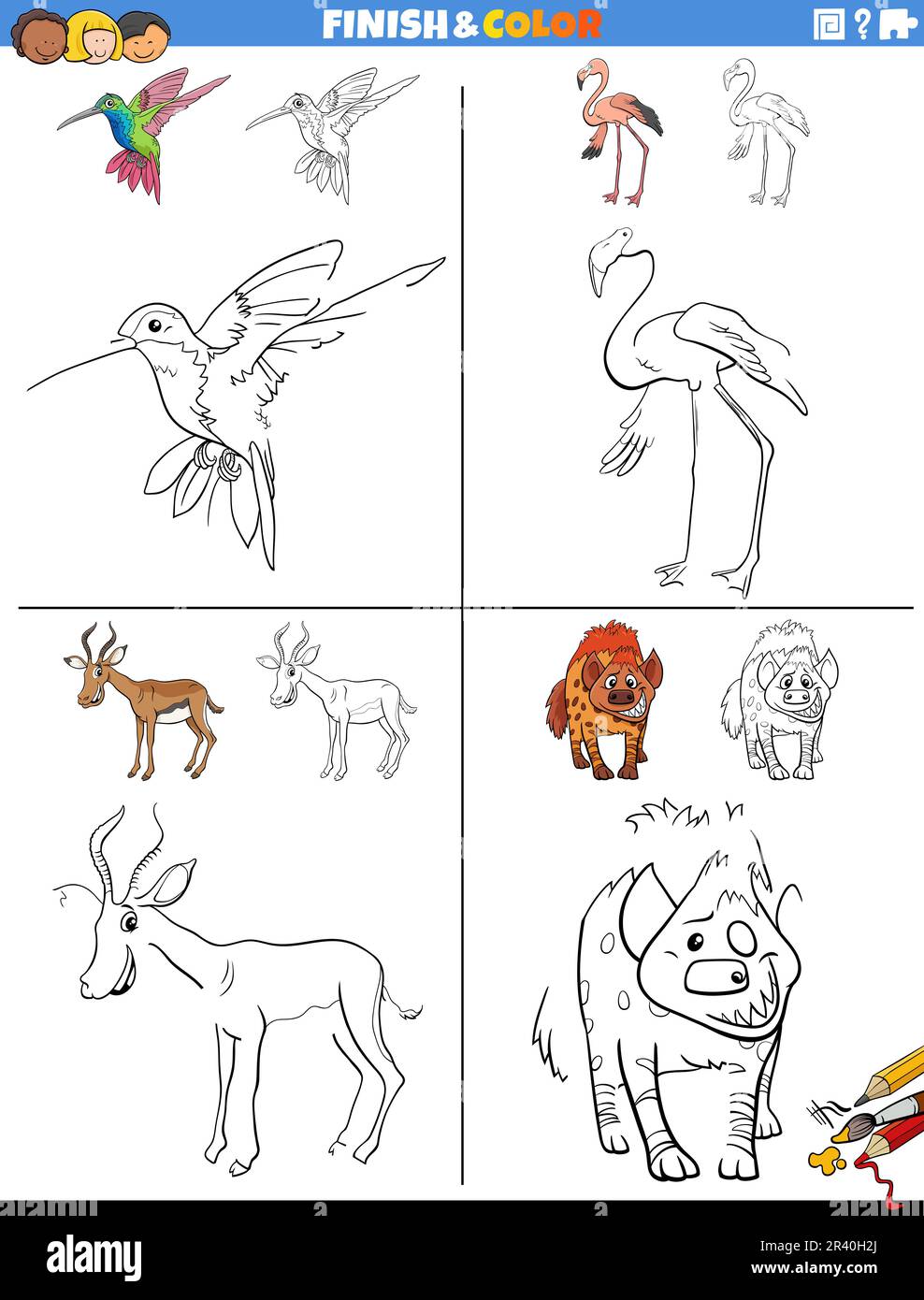 Drawing and coloring worksheets set with wild animals Stock Photo - Alamy