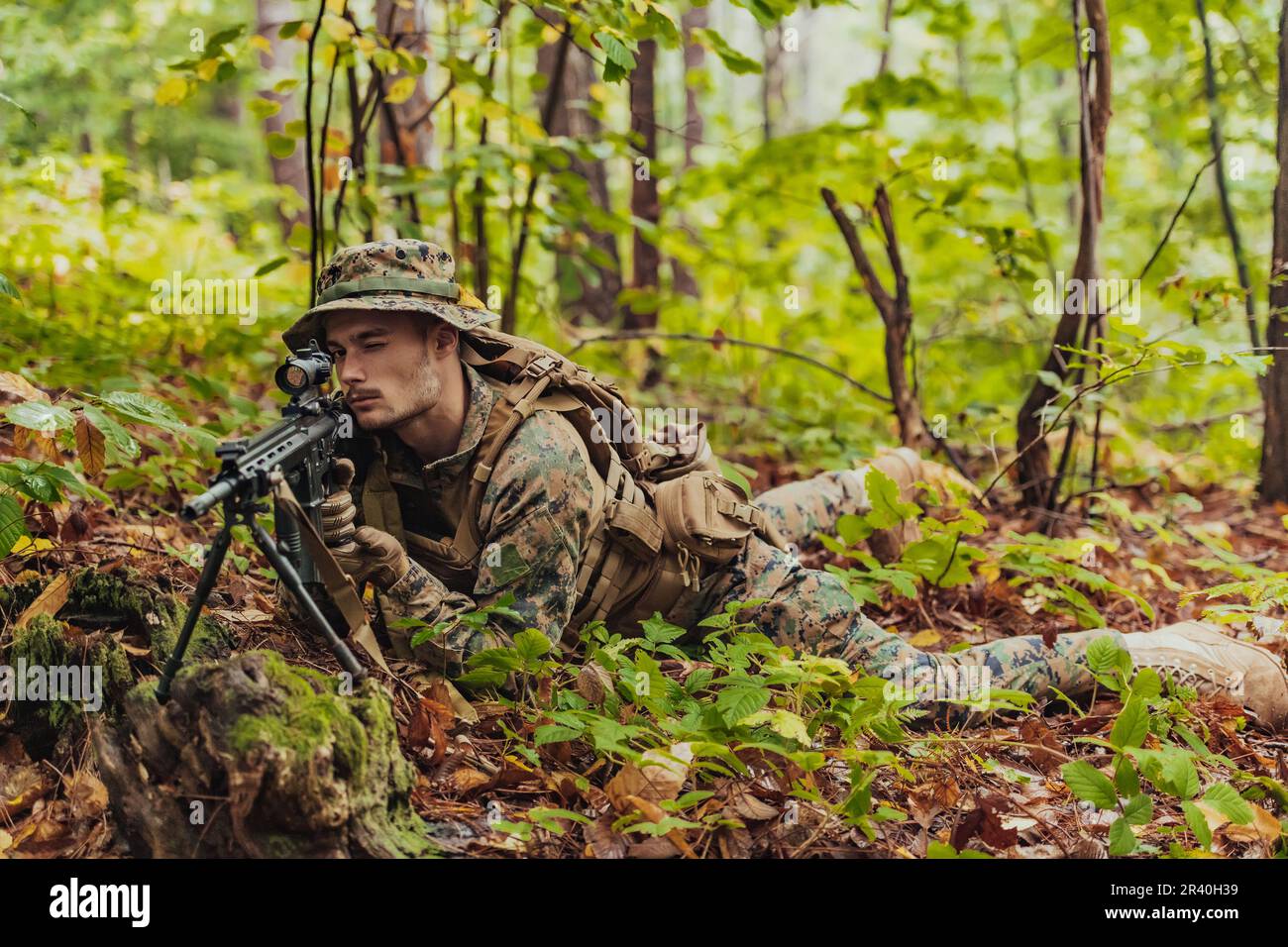 A modern warfare soldier on war duty in dense and dangerous forest ...