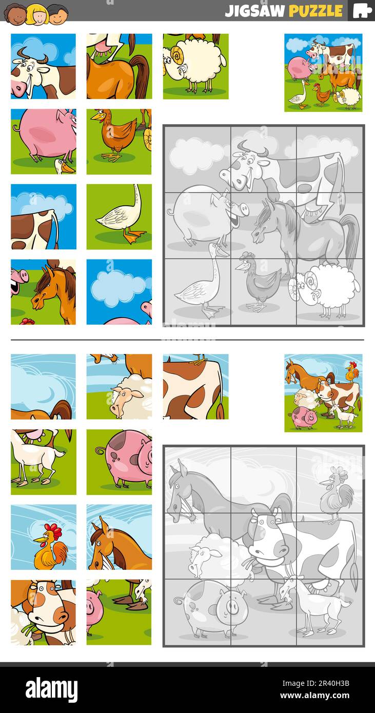 Jigsaw puzzle game set with cartoon farm animals Stock Photo - Alamy