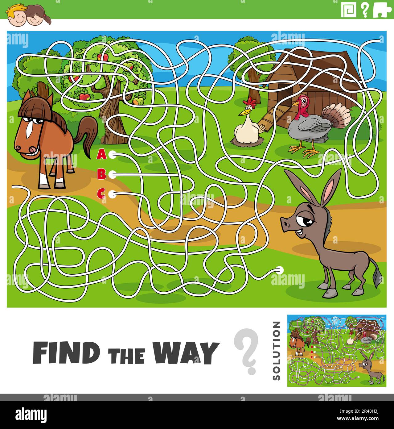 Find the way maze game with cartoon farm animals Stock Photo - Alamy