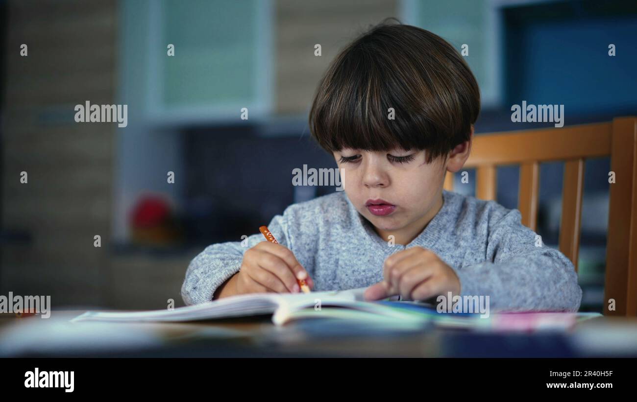 One small boy drawing at home. Child doing school work indoors holding ...