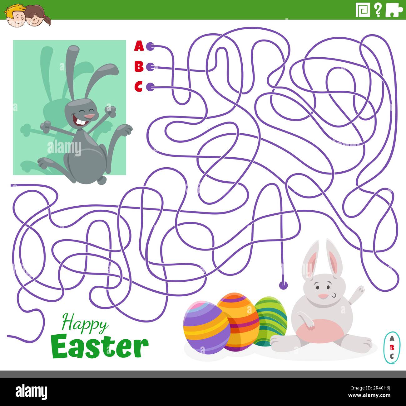 Maze game with cartoon Easter Bunnies and eggs Stock Photo - Alamy