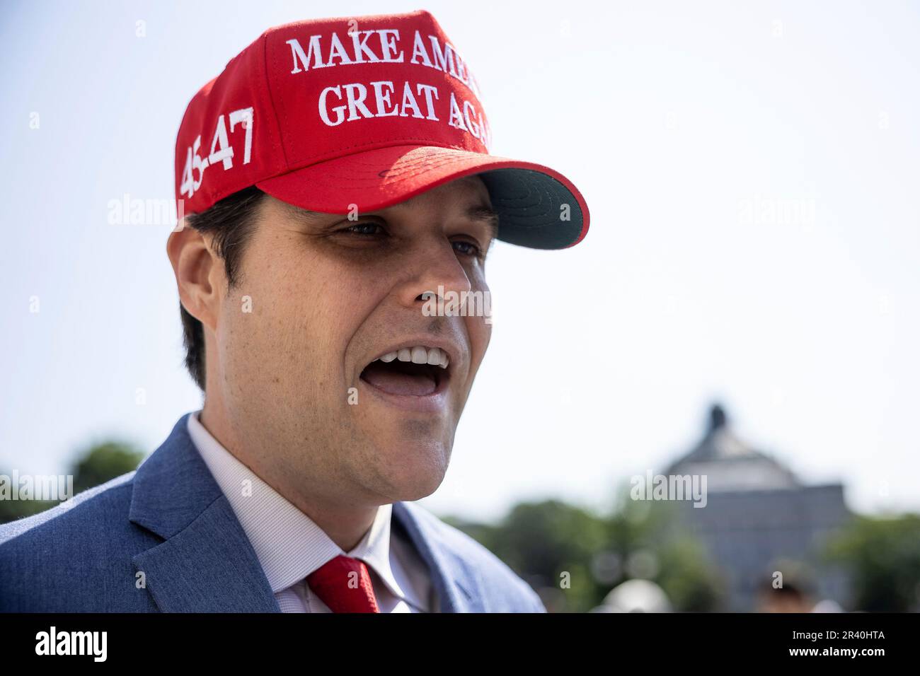 Rep. Matt Gaetz (R-Fla.) wears a MAGA hat as he speaks with reporters ...