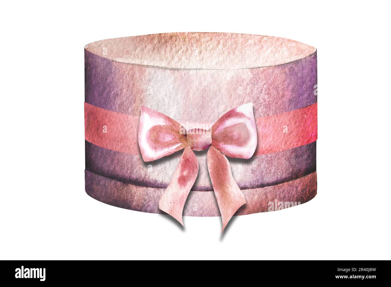 Watercolor illustration of a beautiful round pink gift box with a bow ...