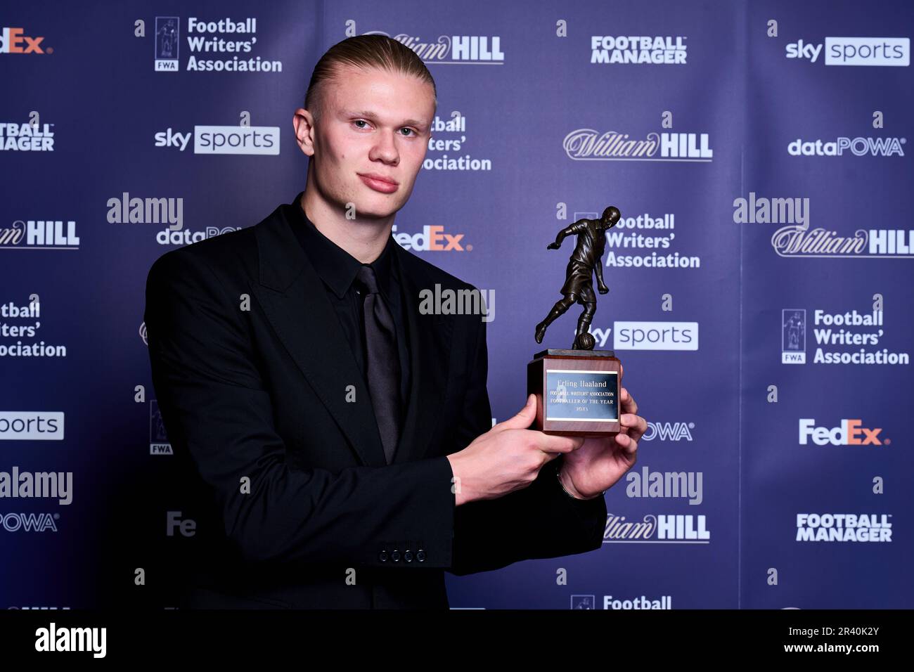 Erling Haaland with his FWA footballer of the year trophy during the ...
