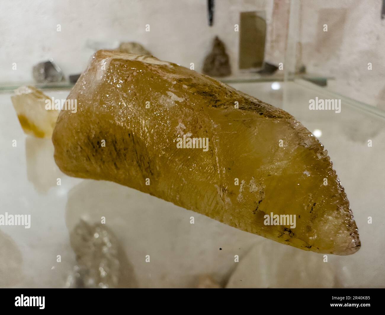 A sample of Golden Calcite mineral in the Pachamalui Museum, Villa San ...