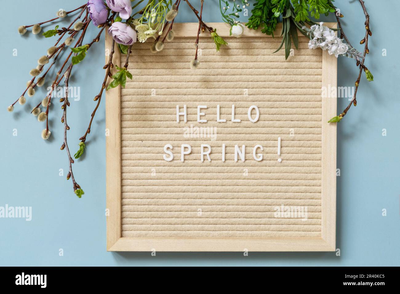 Letter Board with quote HELLO SPRING, with green branches and flowers ...
