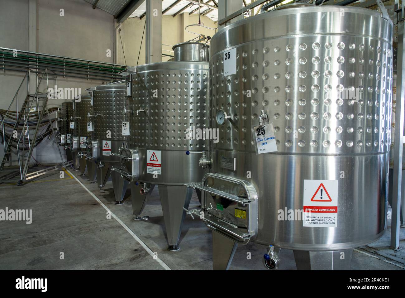 Stainless steel fermentation vats at the Ferrer Winery in Gualtallary ...