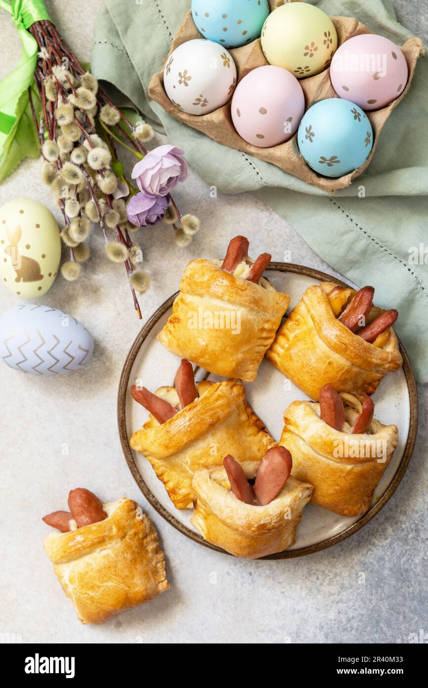 Traditional Easter symbols and food. Buns in the form of an Easter ...