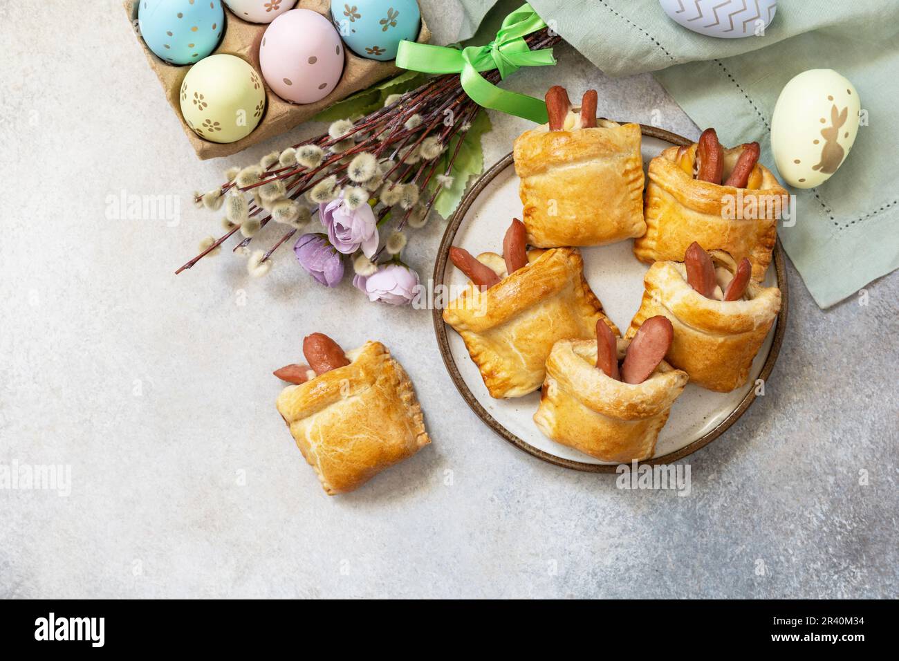 Traditional Easter symbols and food. Buns in the form of an Easter ...