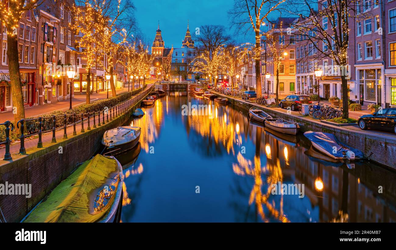Amsterdam Netherlands canals with christmas lights during December ...