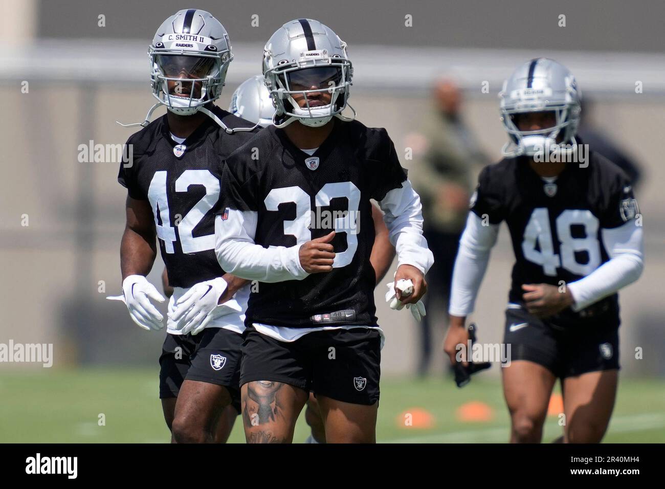 Raiders safety Roderic Teamer warms up during the NFL football team's ...