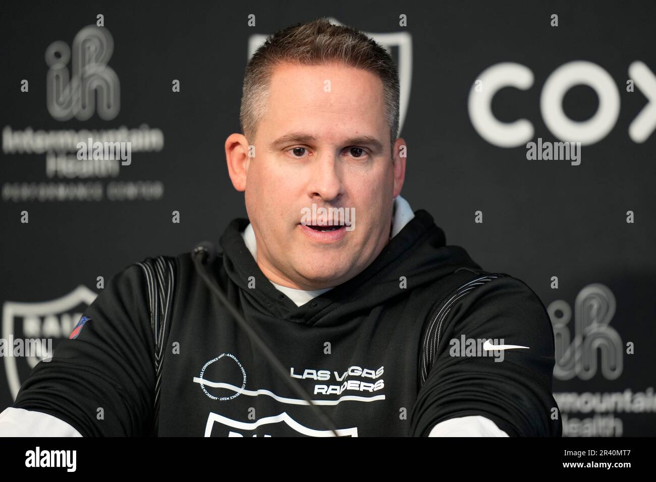 Las Vegas Raiders head coach Josh McDaniels speaks during a news ...